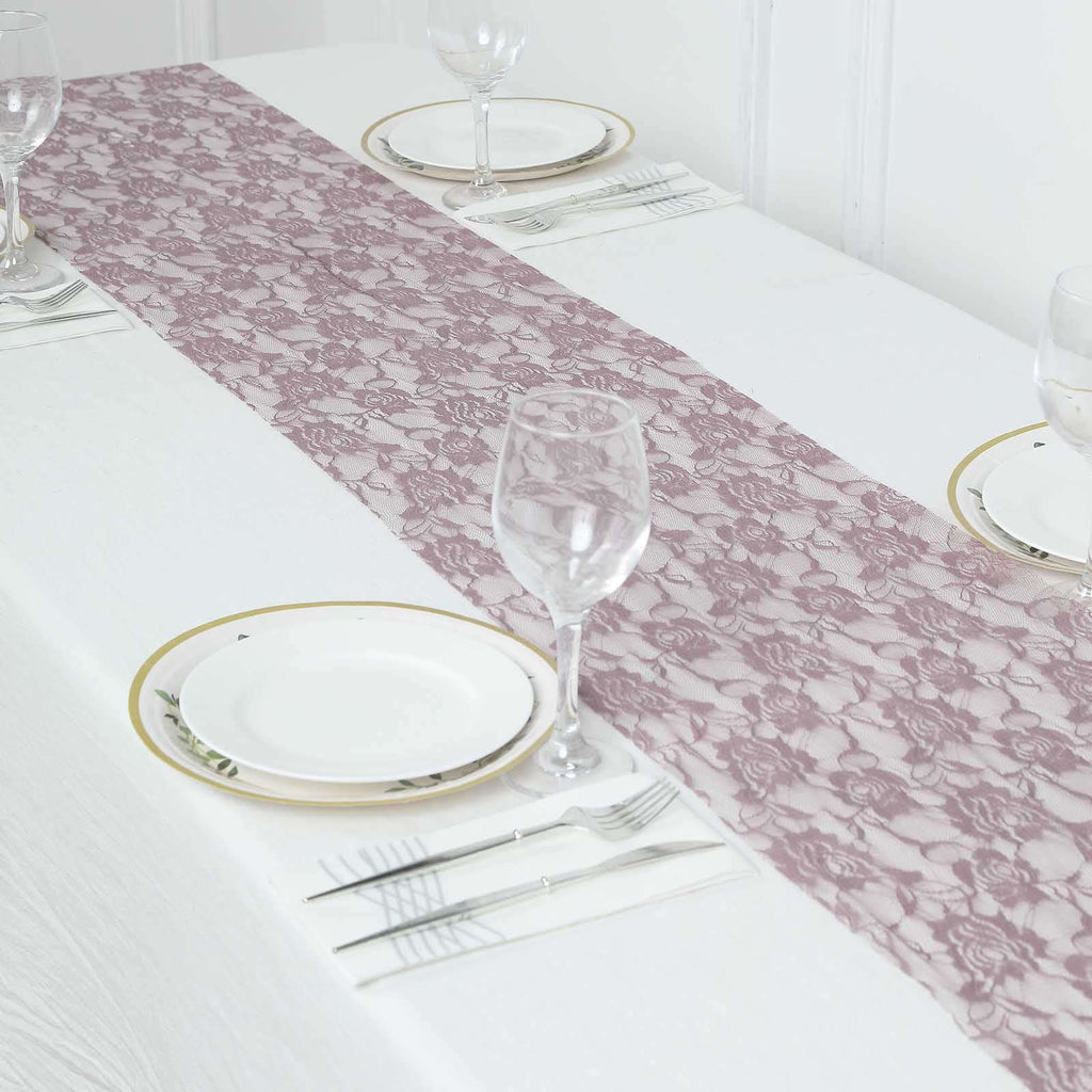Lace Table Runner with Flower Pattern 12"x108" Violet | TableclothsFactory