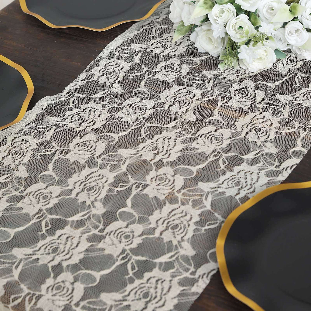 Lace Table Runner with Flower Pattern 12"x108" Ivory | TableclothsFactory