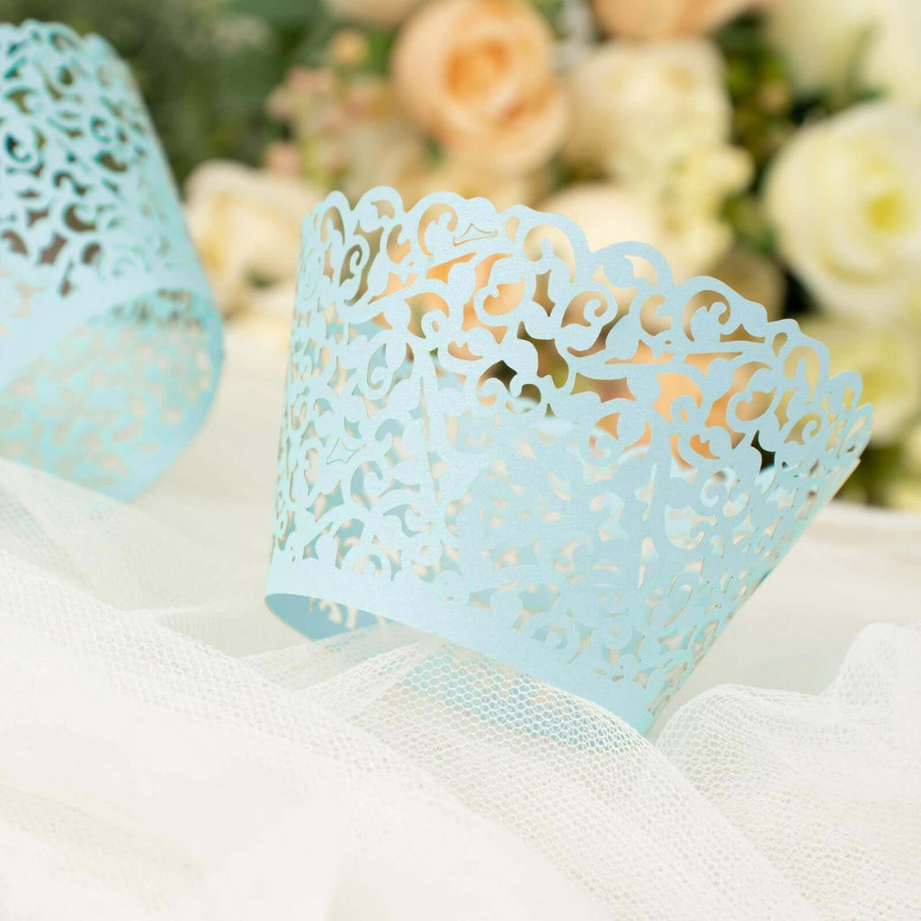 Cupcake Wrappers Lace Laser Cut Light Blue | TableclothsFactory