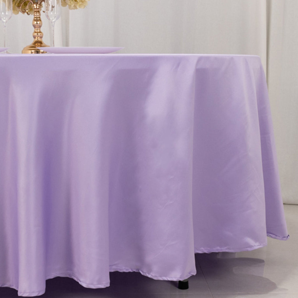 Lamour Satin Round Tablecloth 108" Lavender Lilac | TableclothsFactory