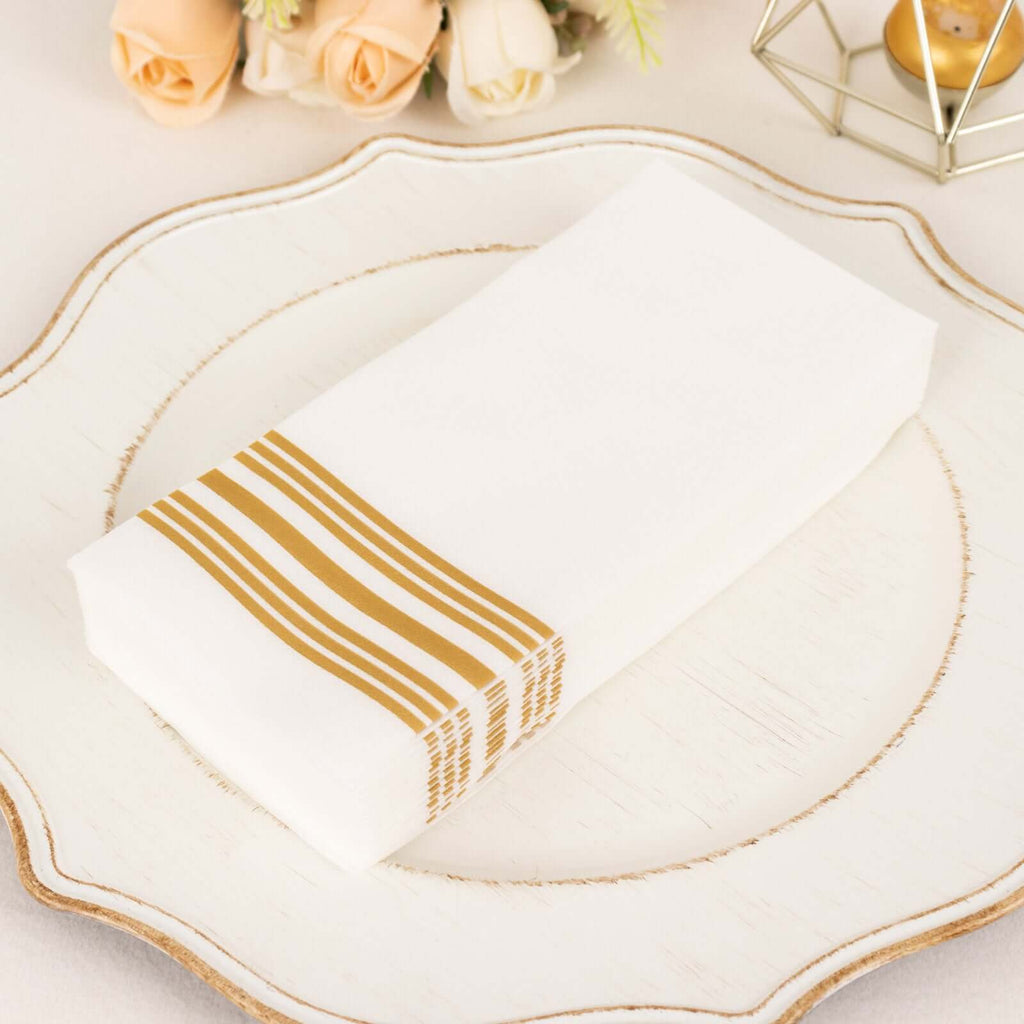 Linen-Like Paper Guest Towels White with Gold Lines | TableclothsFactory
