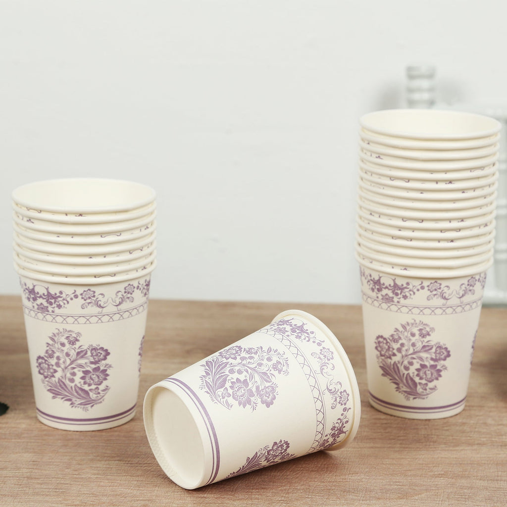 Damask Floral Paper Cups White/Lavender 9oz | TableclothsFactory