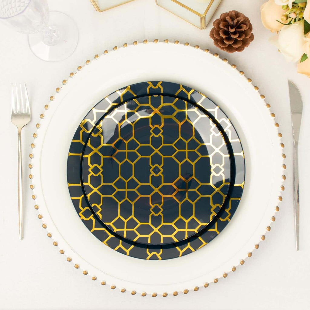 Geometric Plastic Round Plates Set Navy Blue/Gold 9", 7 ...