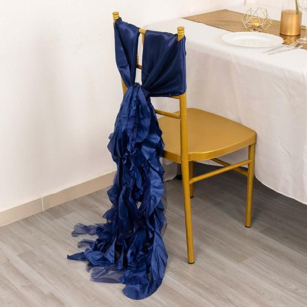 Curly Chiffon Satin Sashes Navy Blue | TableclothsFactory