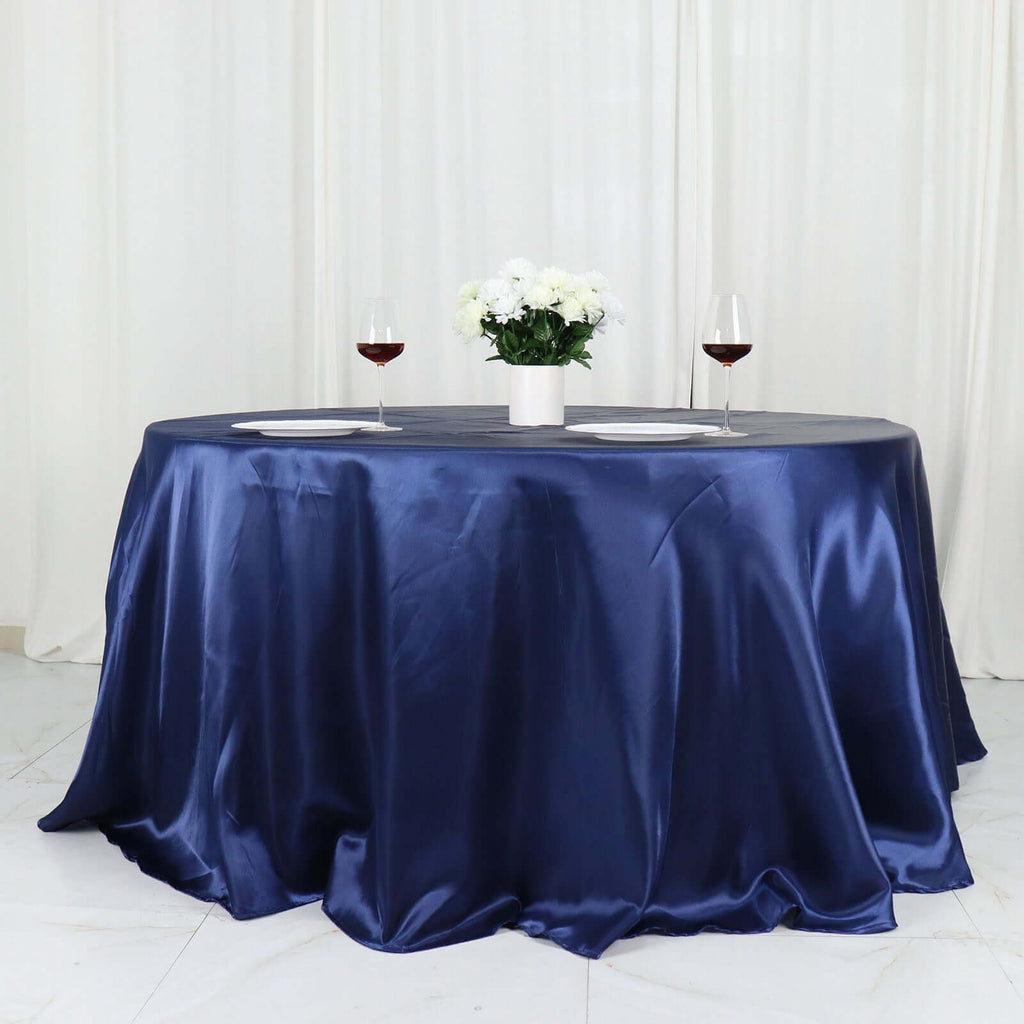 Satin Round Tablecloth 132" Navy Blue | TableclothsFactory