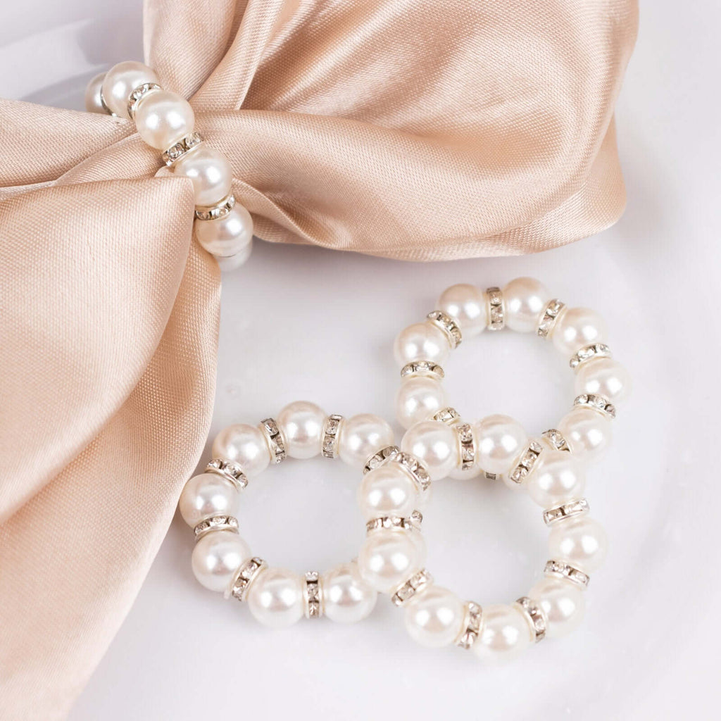 White Pearl Beads Silver Rhinestone Napkin Rings | TableclothsFactory
