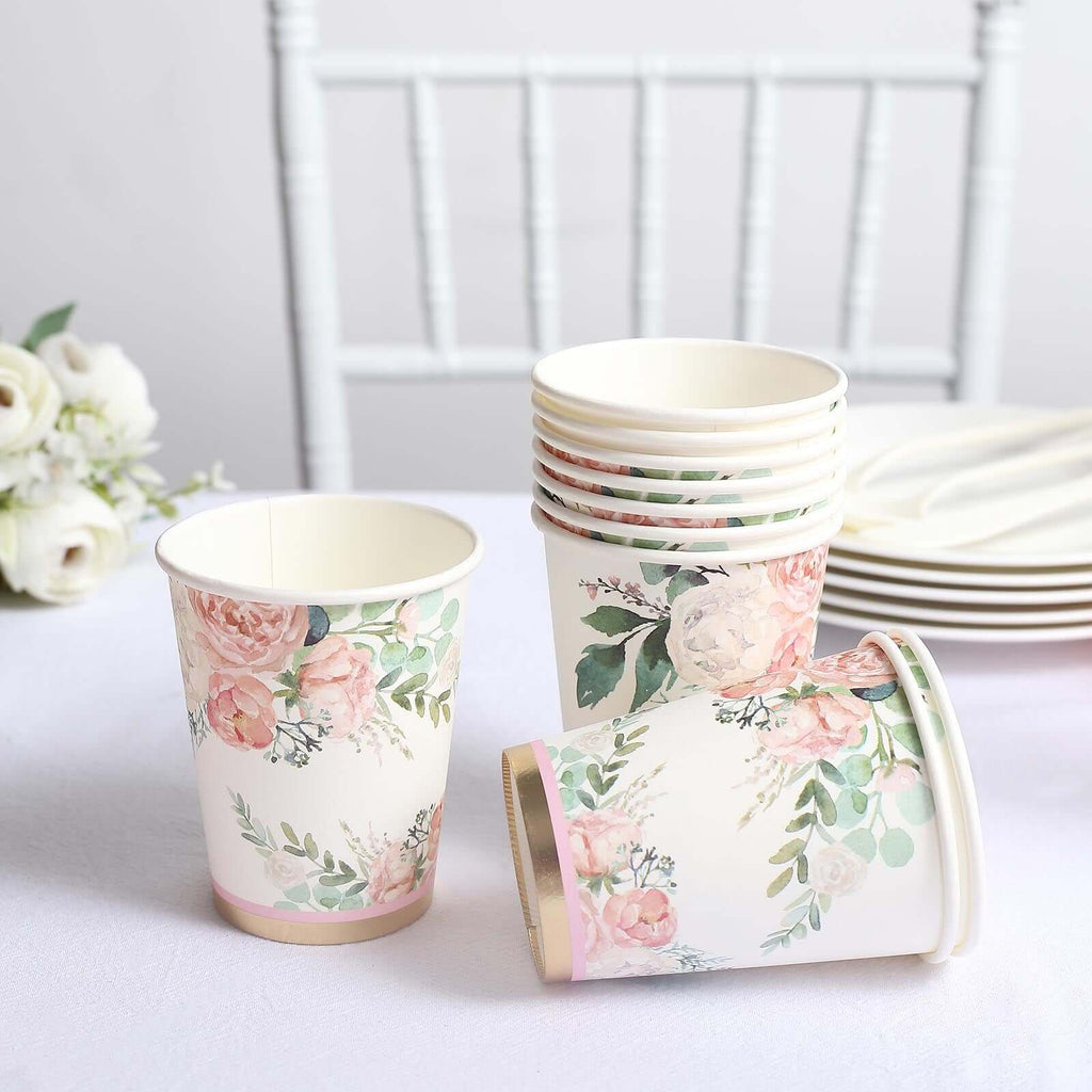 Peony Flower Print Paper Cups Pink 9oz | TableclothsFactory