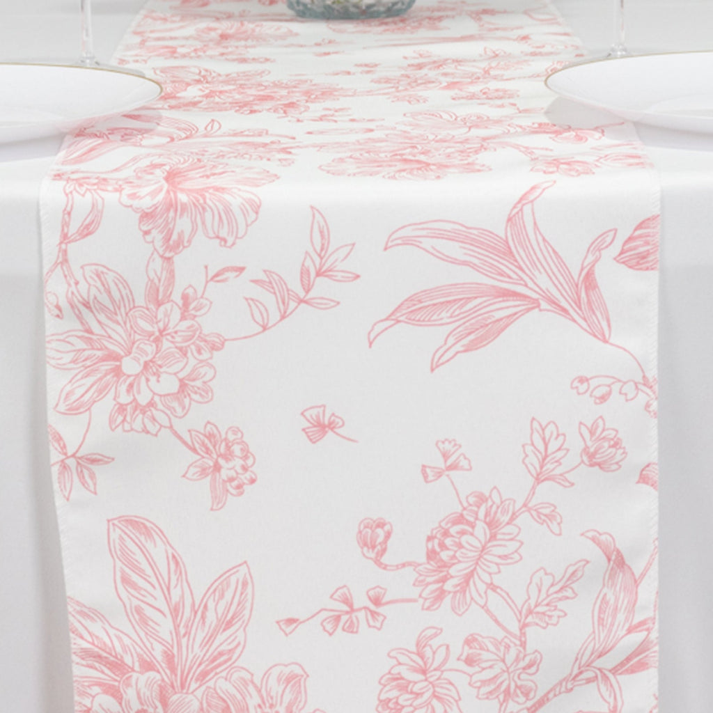Polyester Floral Table Runner 12"x108" White/Pink | TableclothsFactory
