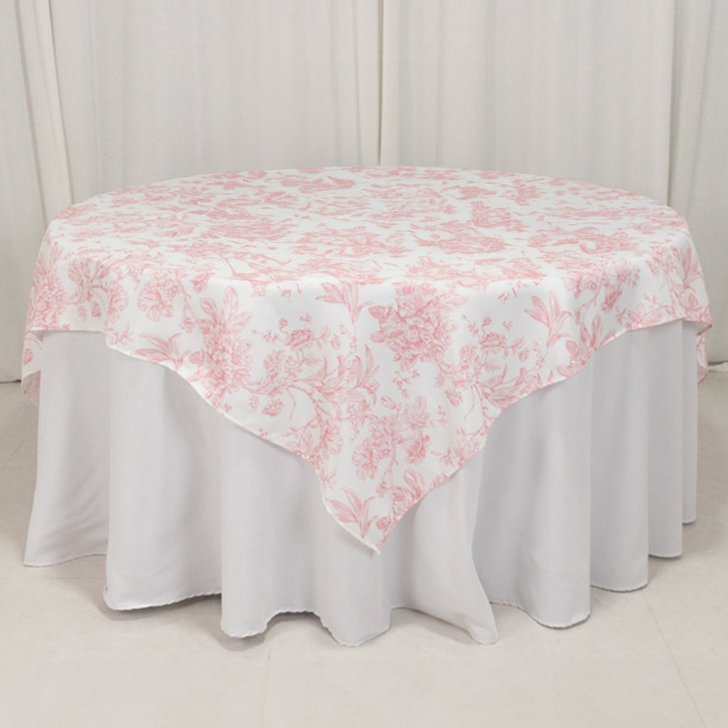 70" Pink Toile Polyester Overlay | Tableclothsfactory