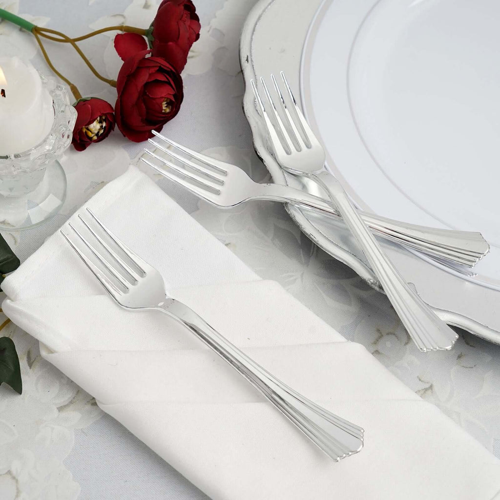 Chambury Plastic Forks with Fluted Handles Silver 7" | TableclothsFactory