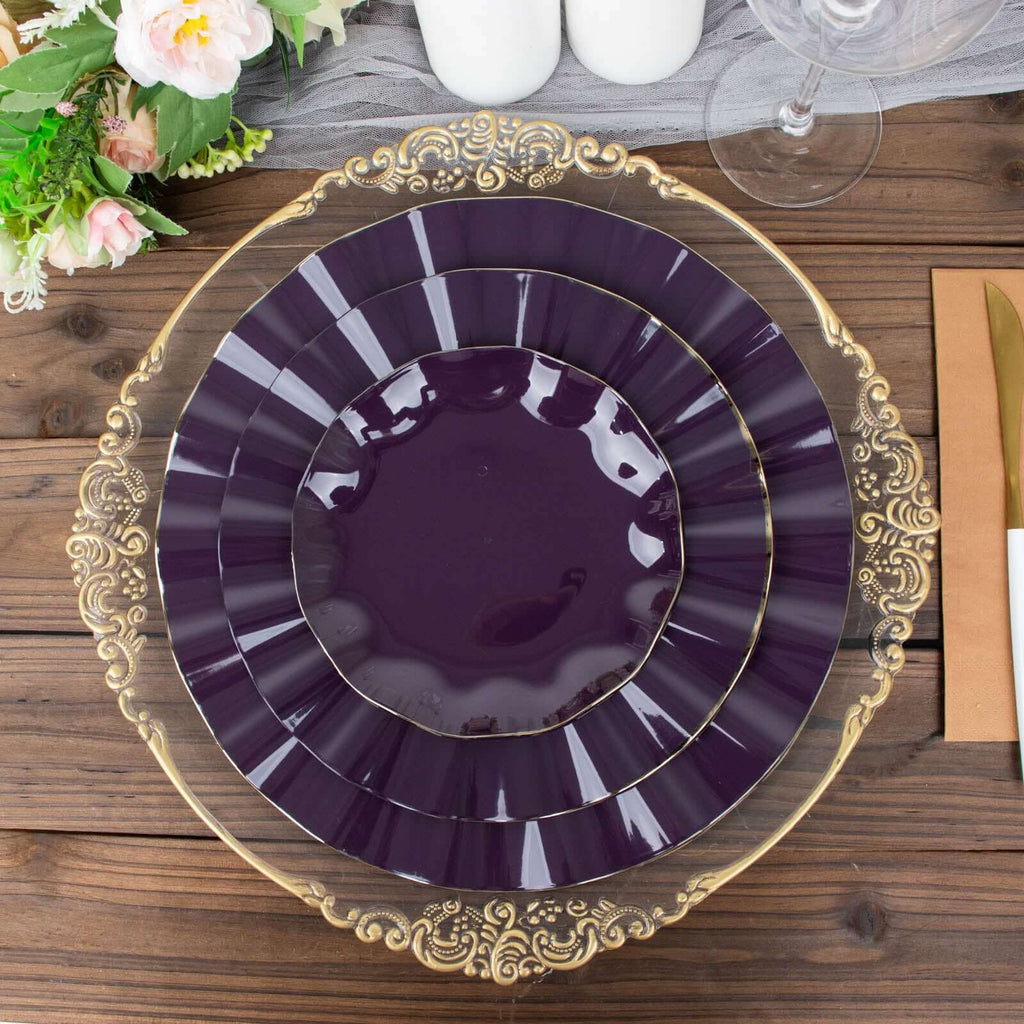 Ruffled Rim Plastic 11" Dinner Plates Purple/Gold | TableclothsFactory