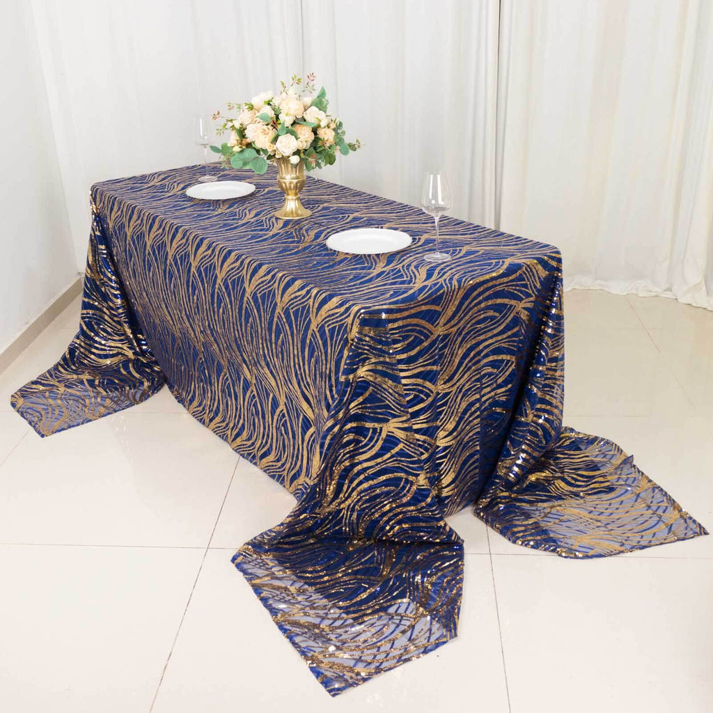 Sequins Tablecloth 90"x156" Royal Blue Gold | TableclothsFactory