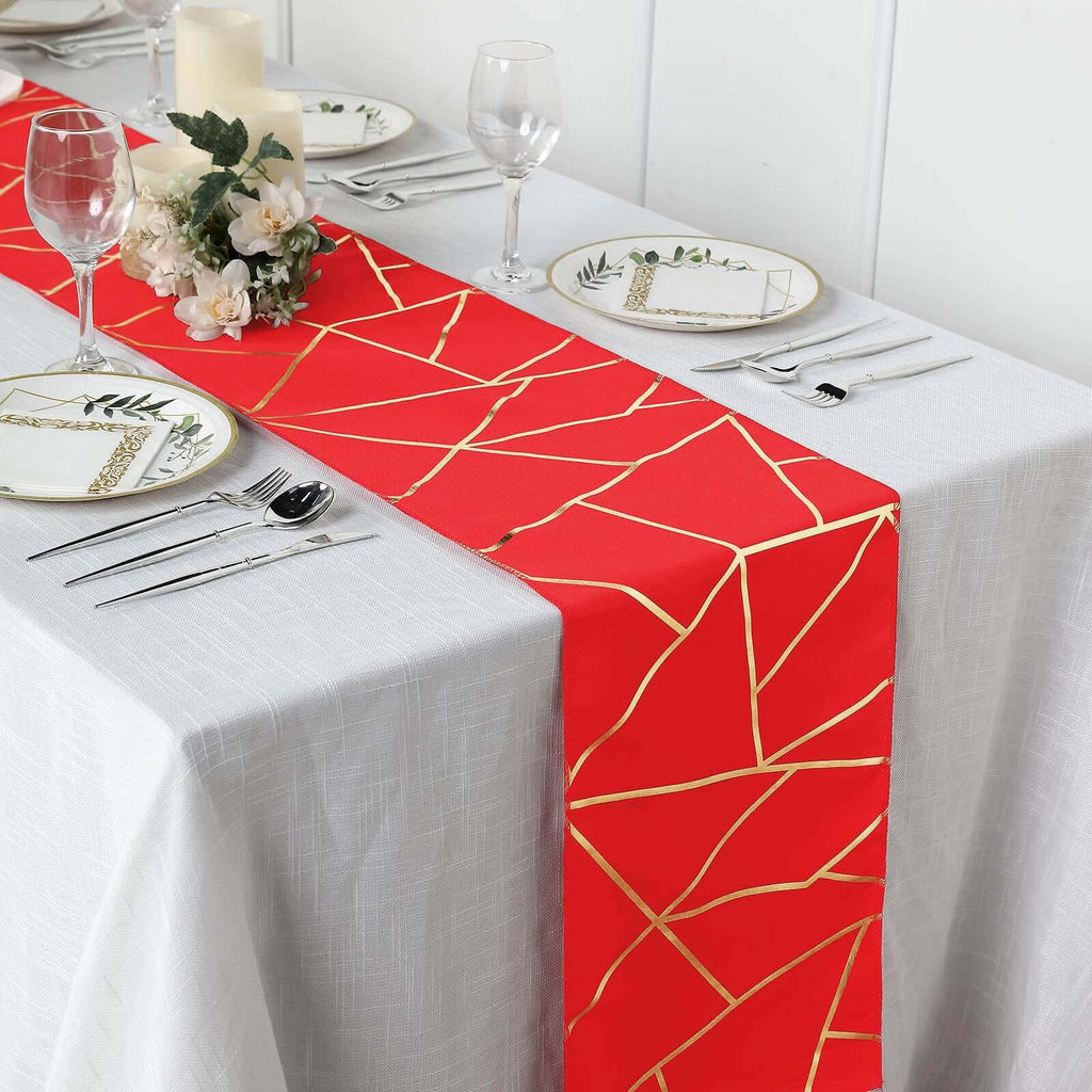 Geometric Polyester Table Runner 9ft Red | TableclothsFactory