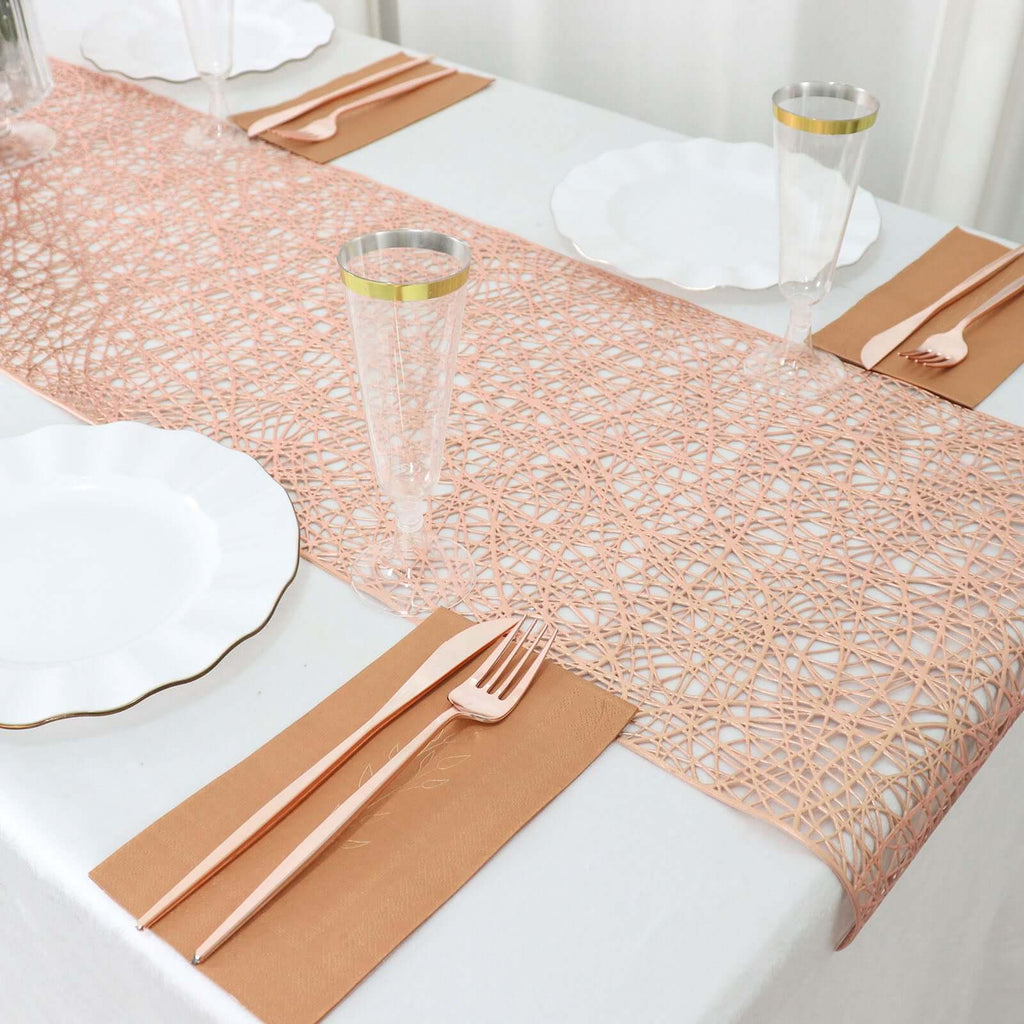 Woven Vinyl Table Runner 13"x6ft Rose Gold | TableclothsFactory