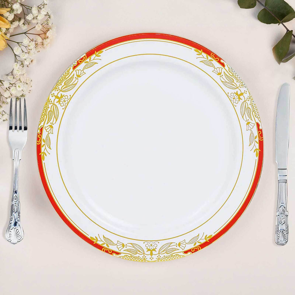 10 Pack White Red Rim Plastic Dinner Plates | TableclothsFactory