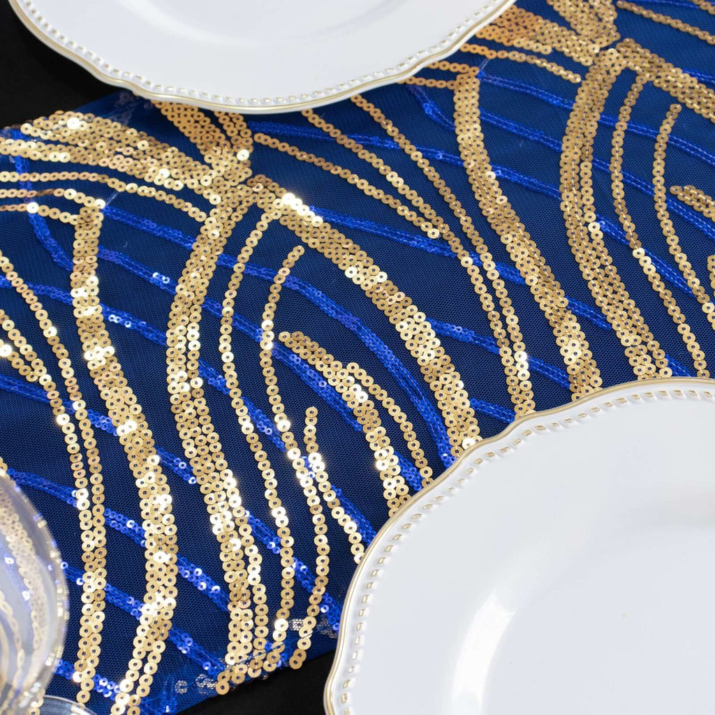 Wave Sequin Table Runner 12"x108" Royal Blue/Gold | TableclothsFactory