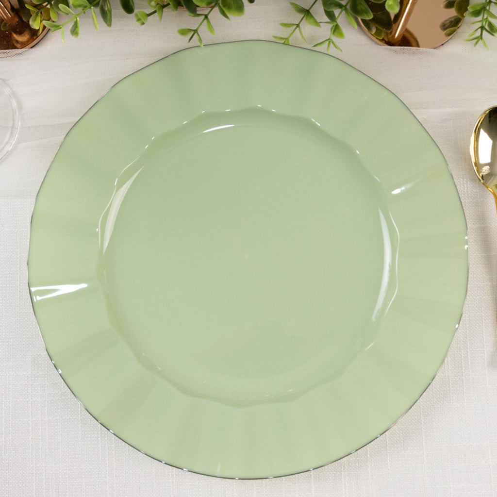 Ruffled Rim Plastic 11" Dinner Plates Sage Green/Gold | TableclothsFactory