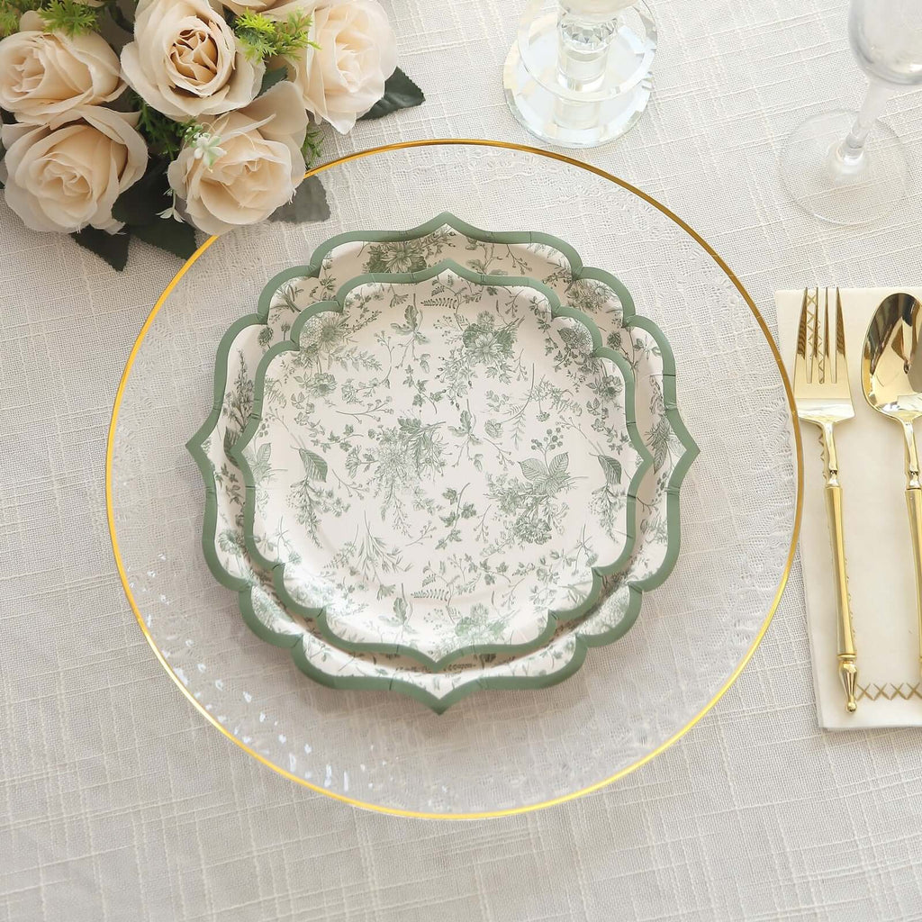 French Toile Paper 10" Dinner Plates White/Sage Green | TableclothsFactory