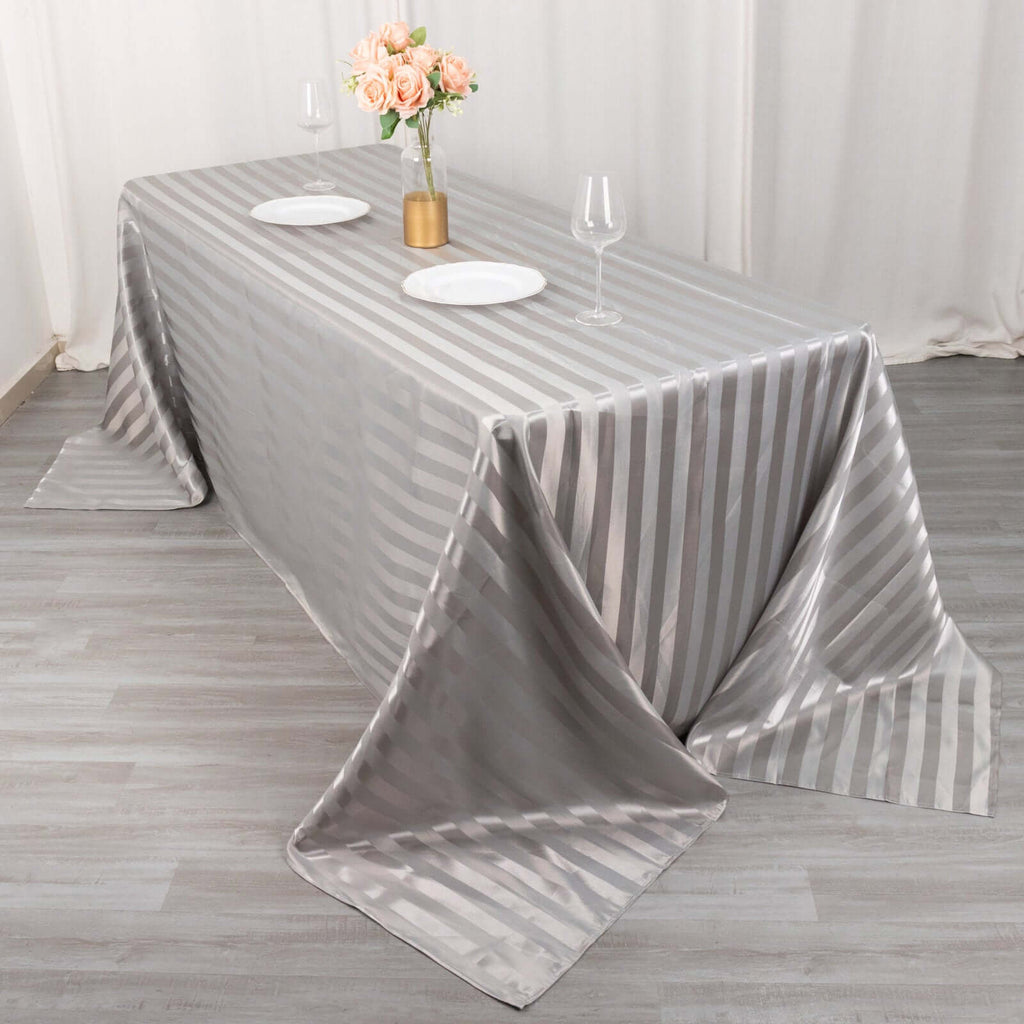 Satin Stripe Tablecloth 90"x132" Silver | TableclothsFactory