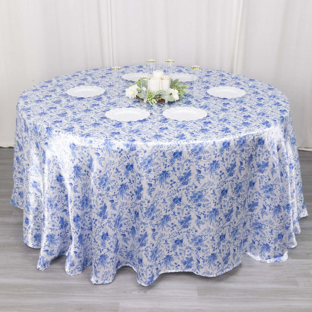 French Toile Satin Tablecloth 120" White/Blue | TableclothsFactory