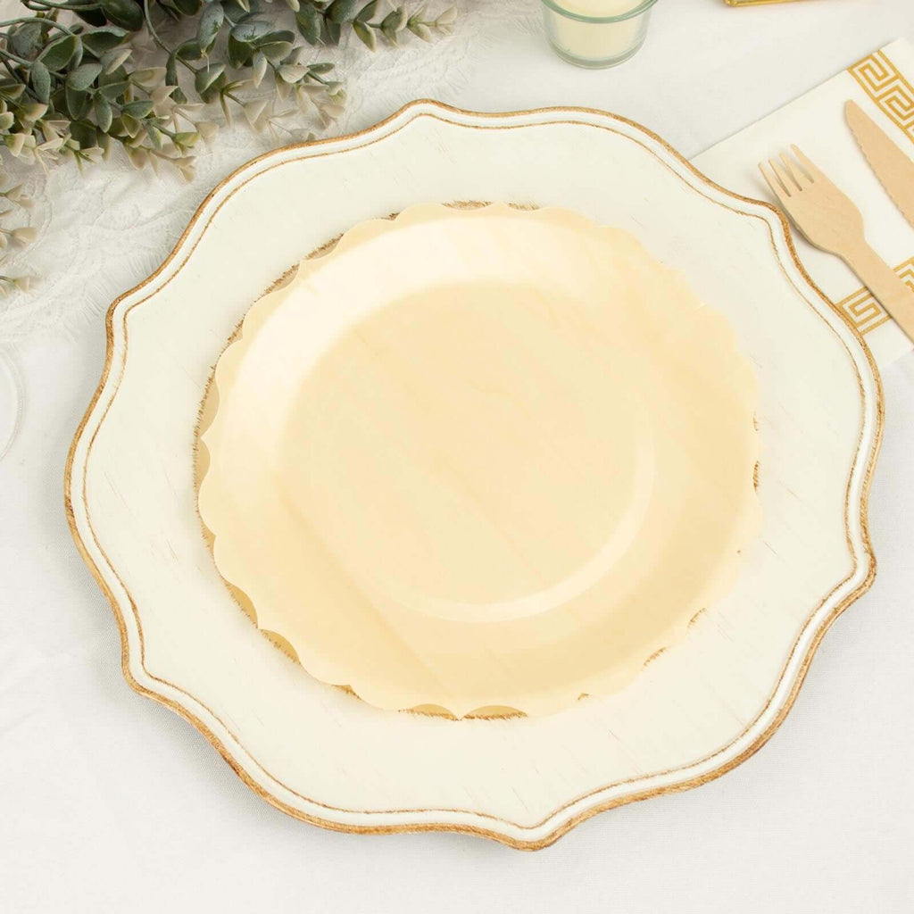 Scalloped Rim Birchwood 9" Dinner Plates Natural | TableclothsFactory