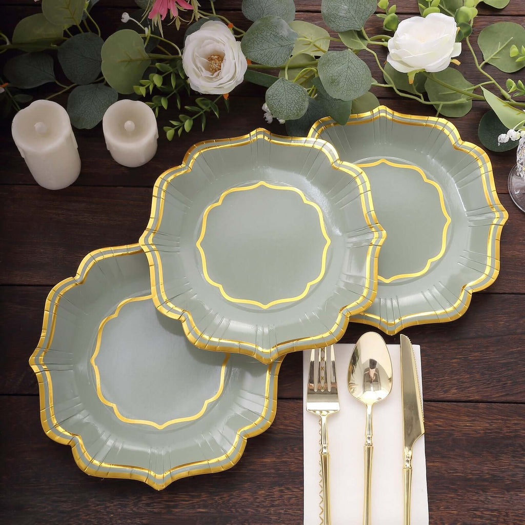 Scallop Rim Paper Salad Plates Sage Green/Gold 8" | TableclothsFactory