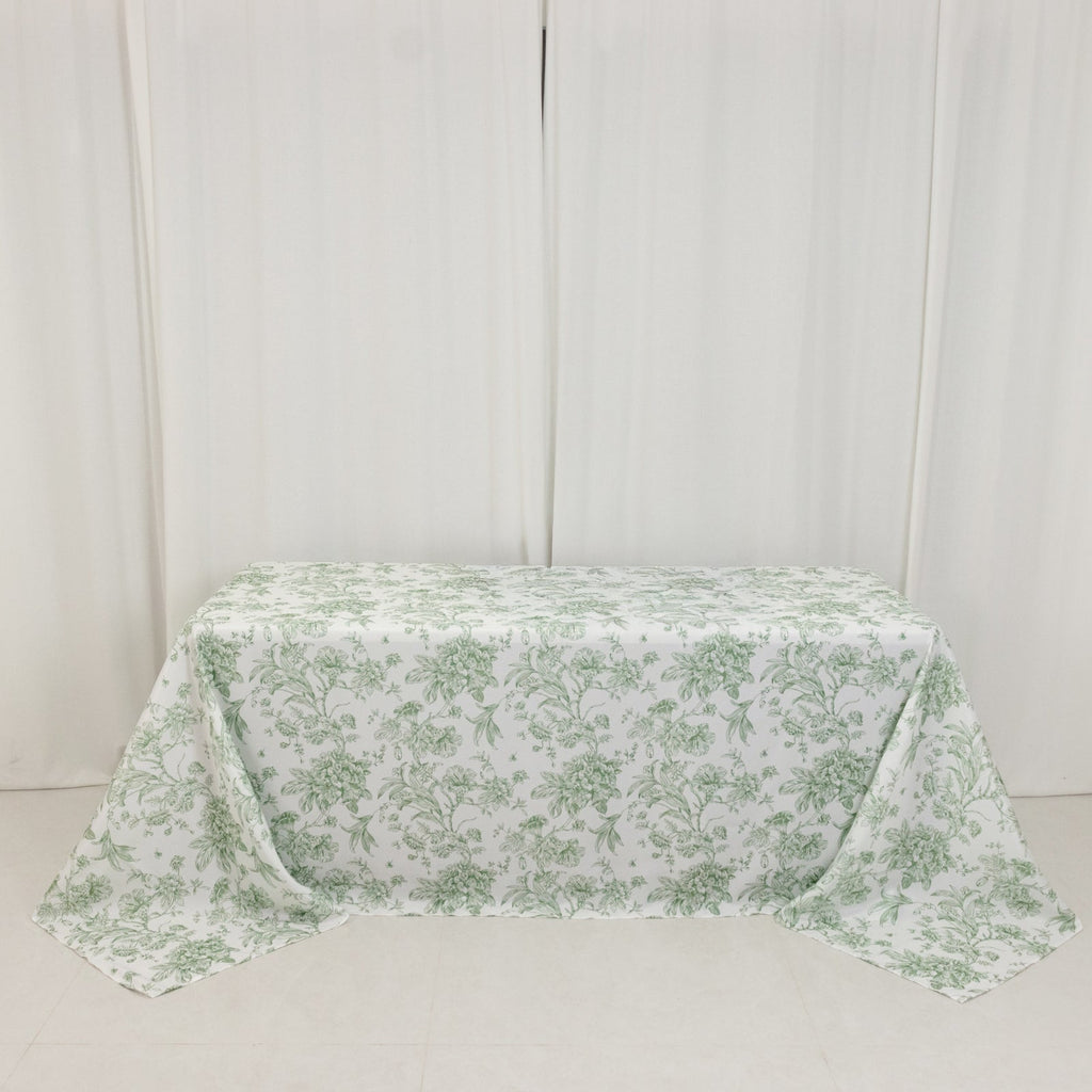 90x132 Sage Toile Polyester Tablecloth | Tableclothsfactory