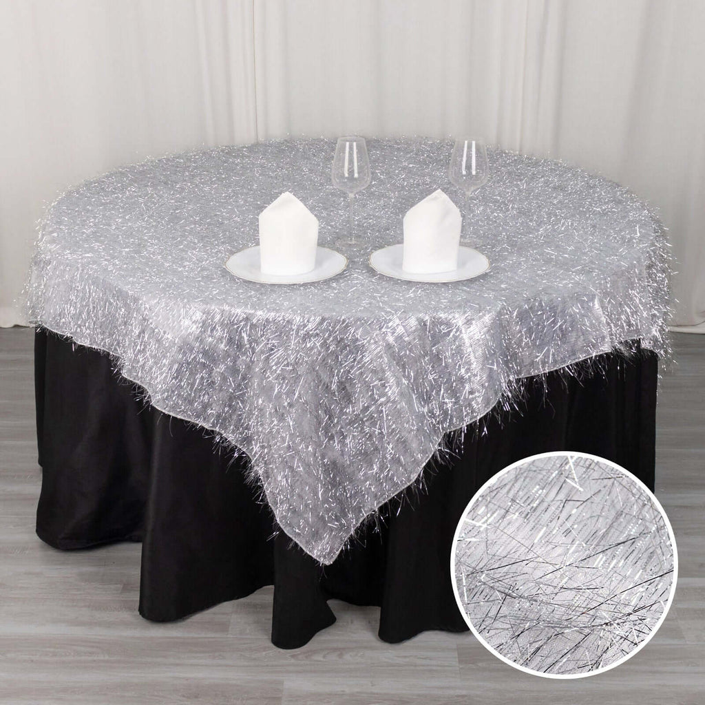 Fringe Tinsel Table Overlay 72"x72" Silver | TableclothsFactory