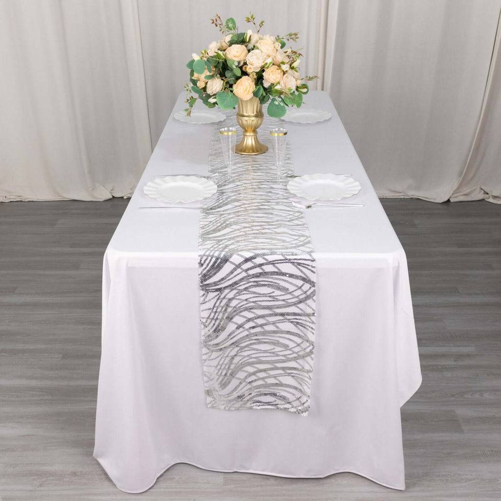 Wave Sequin Table Runner 12"x108" Silver | TableclothsFactory
