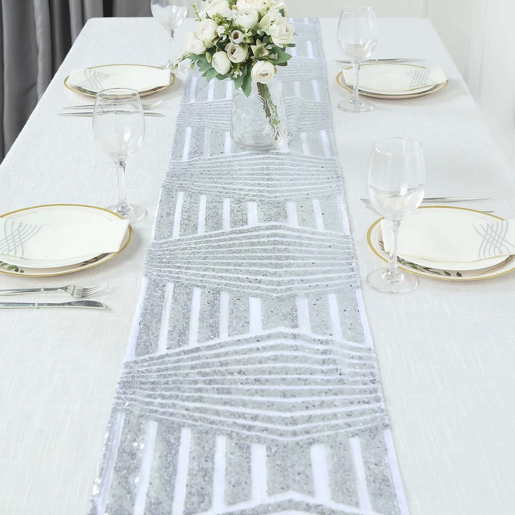 Diamond Sequin Table Runner 12"x108" Silver | TableclothsFactory