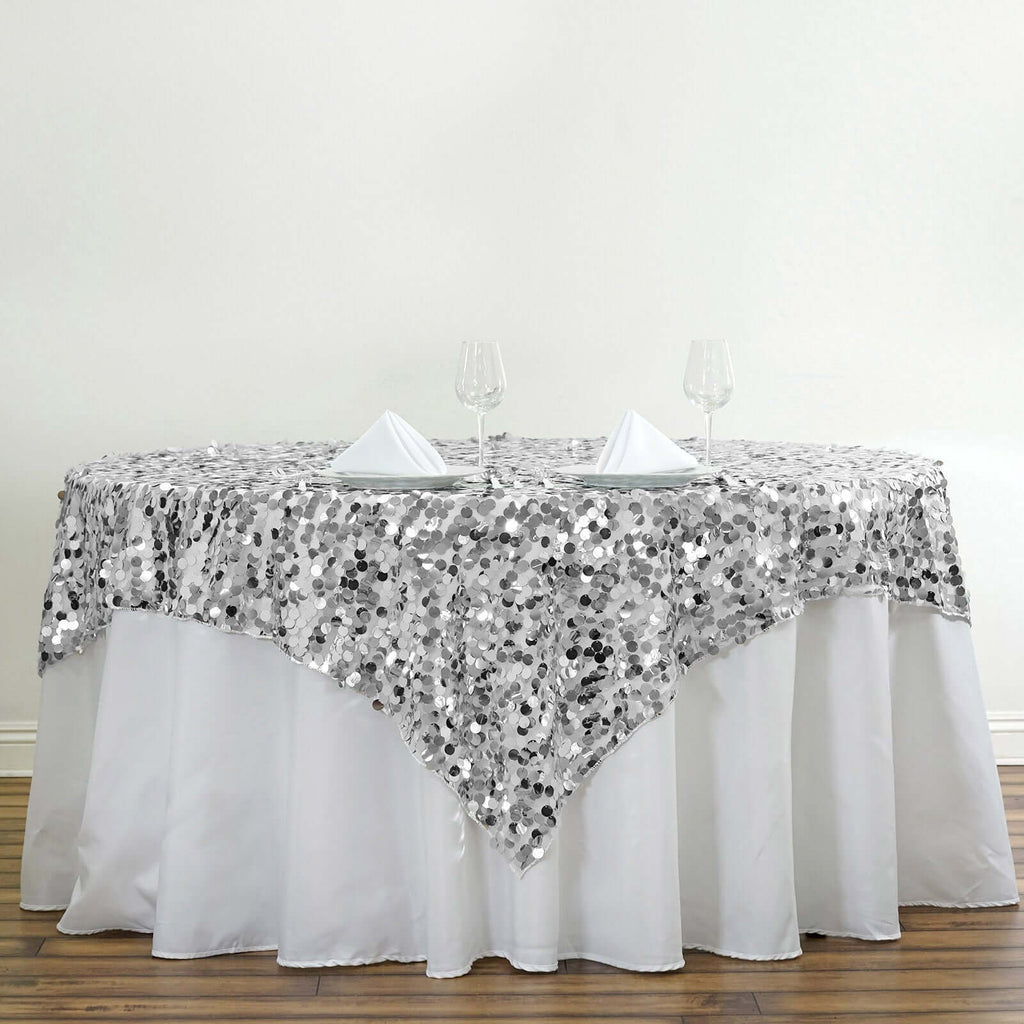 Payette Sequin Table Overlay 72"x72" Silver | TableclothsFactory