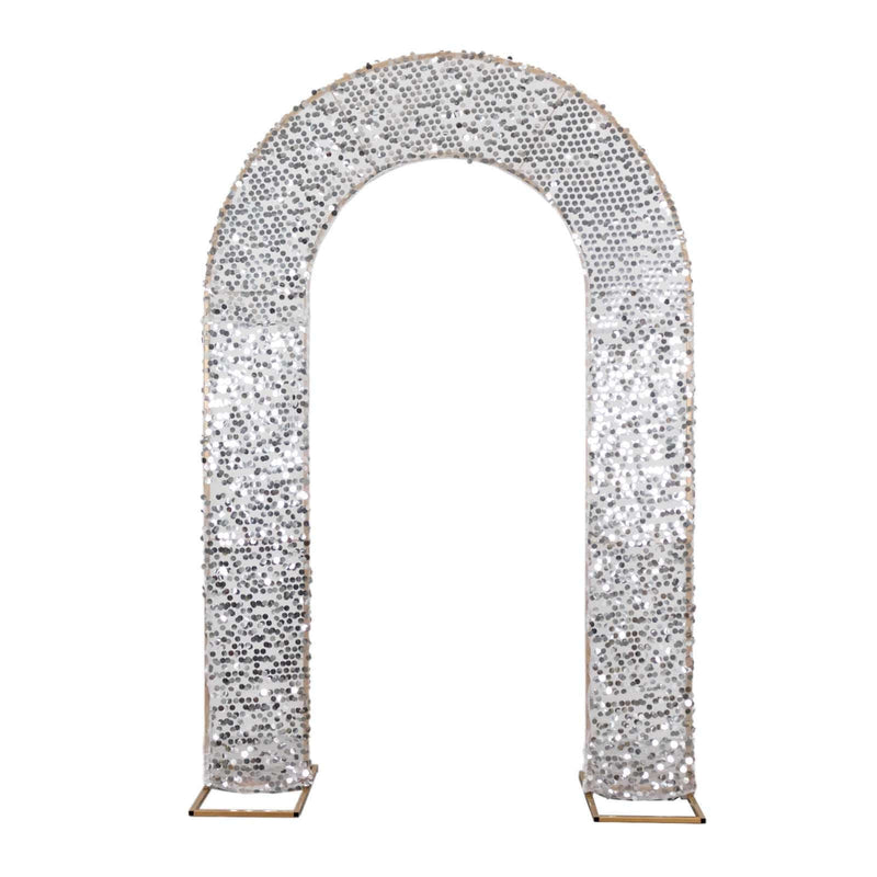 8ft Silver Sequin Wedding Arch Cover | TableclothsFactory