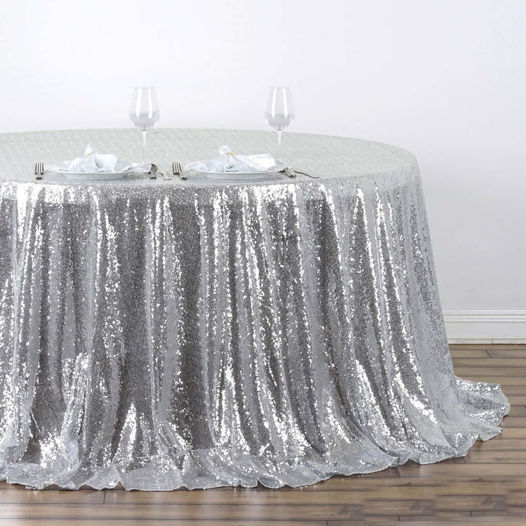 Sequin Tablecloth 136" Silver | TableclothsFactory
