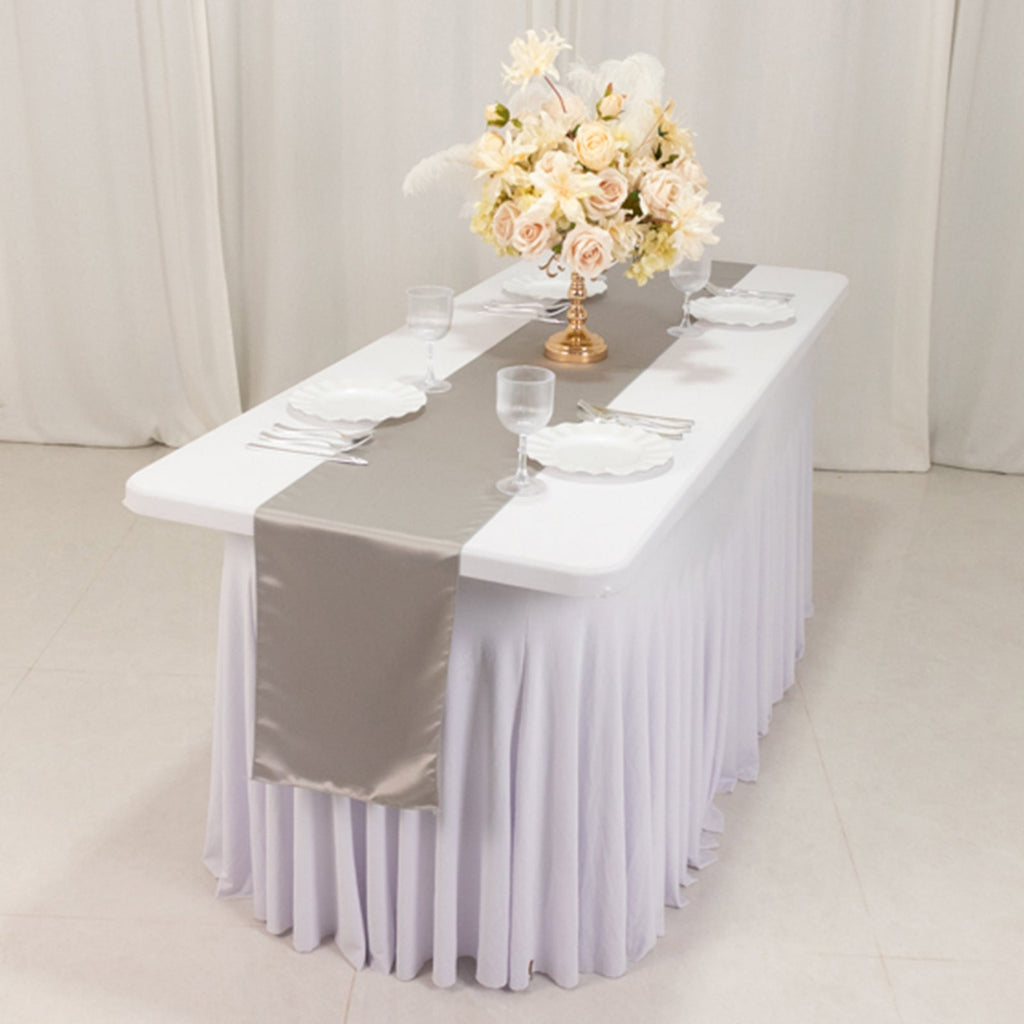 Lamour Satin Table Runner 12"x108" Silver | TableclothsFactory