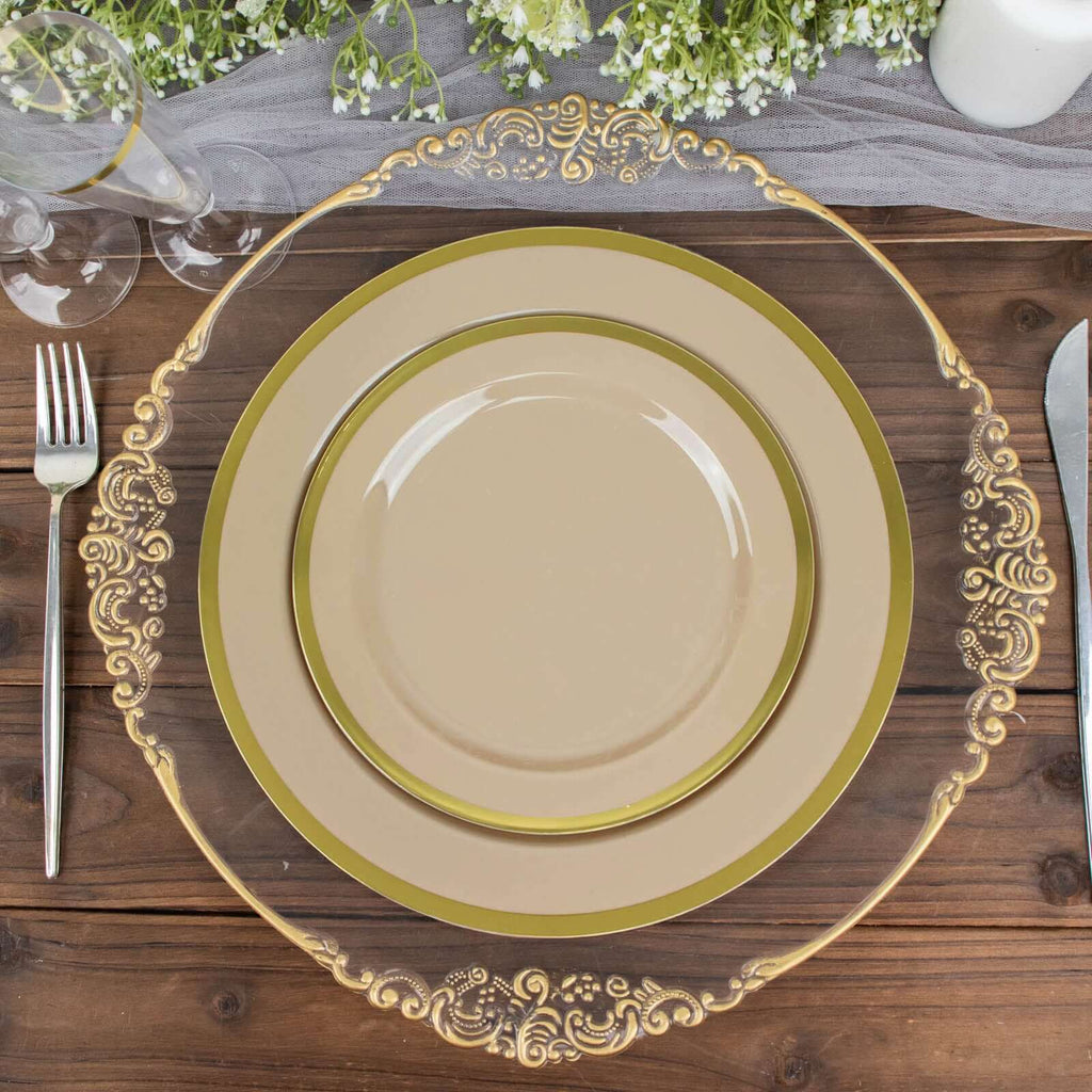 Plastic 7" Round Salad Plates Taupe/Gold Rim | TableclothsFactory