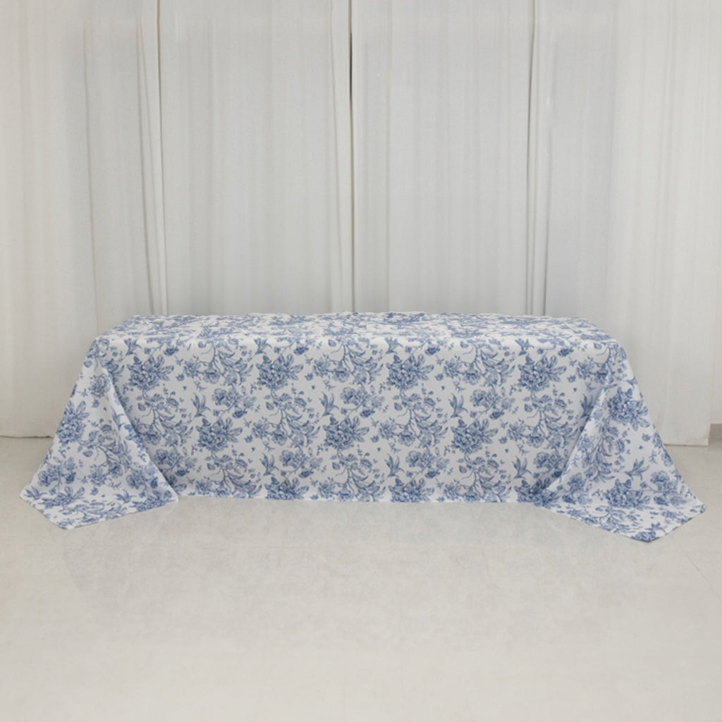 90x156 Blue Toile Polyester Tablecloth | Tableclothsfactory