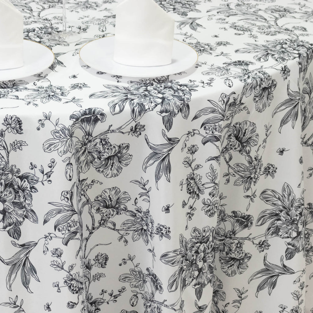 120" Black Toile Polyester Tablecloth | Tableclothsfactory