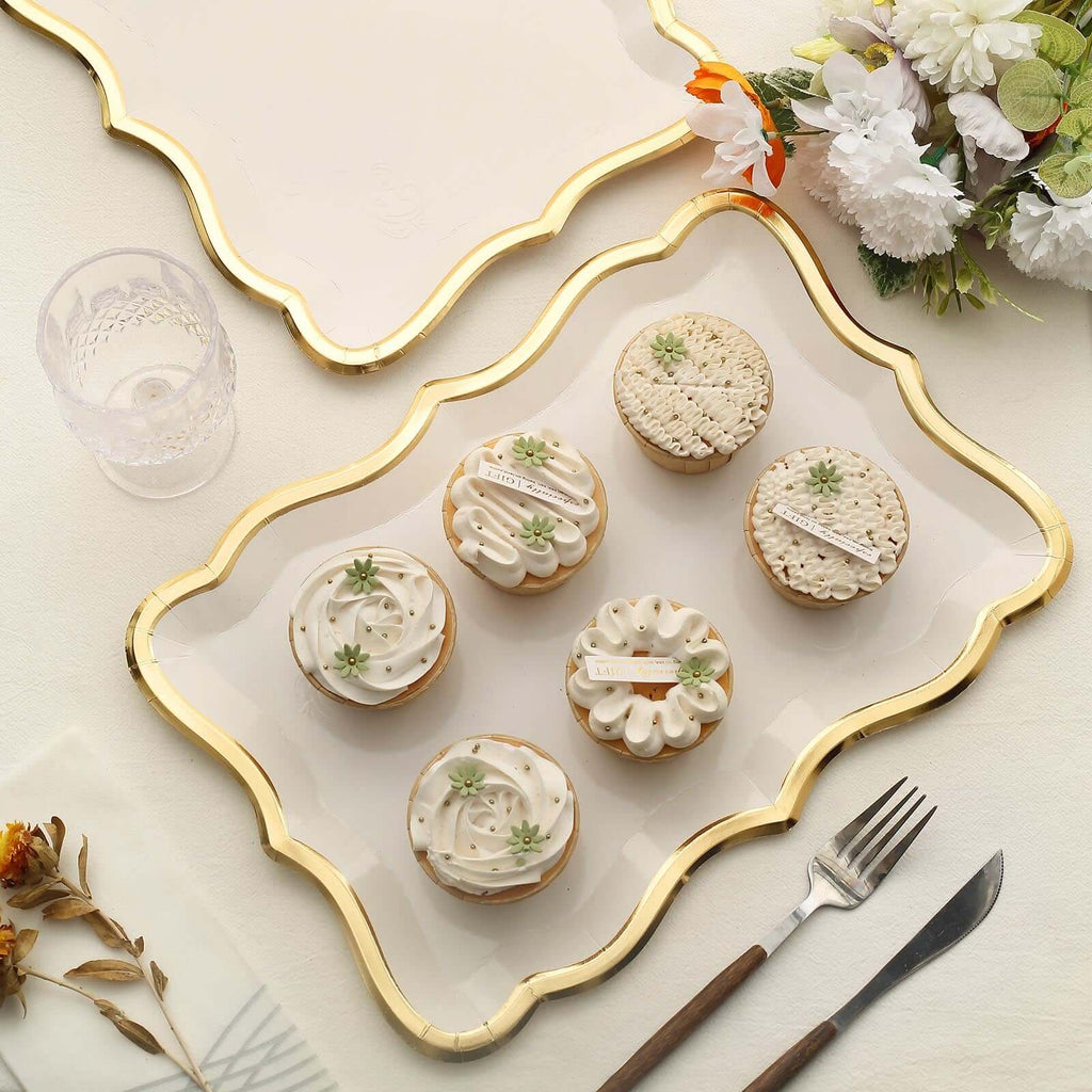 Paper Rectangle Serving Trays White/Gold Rim 14"x10" | TableclothsFactory