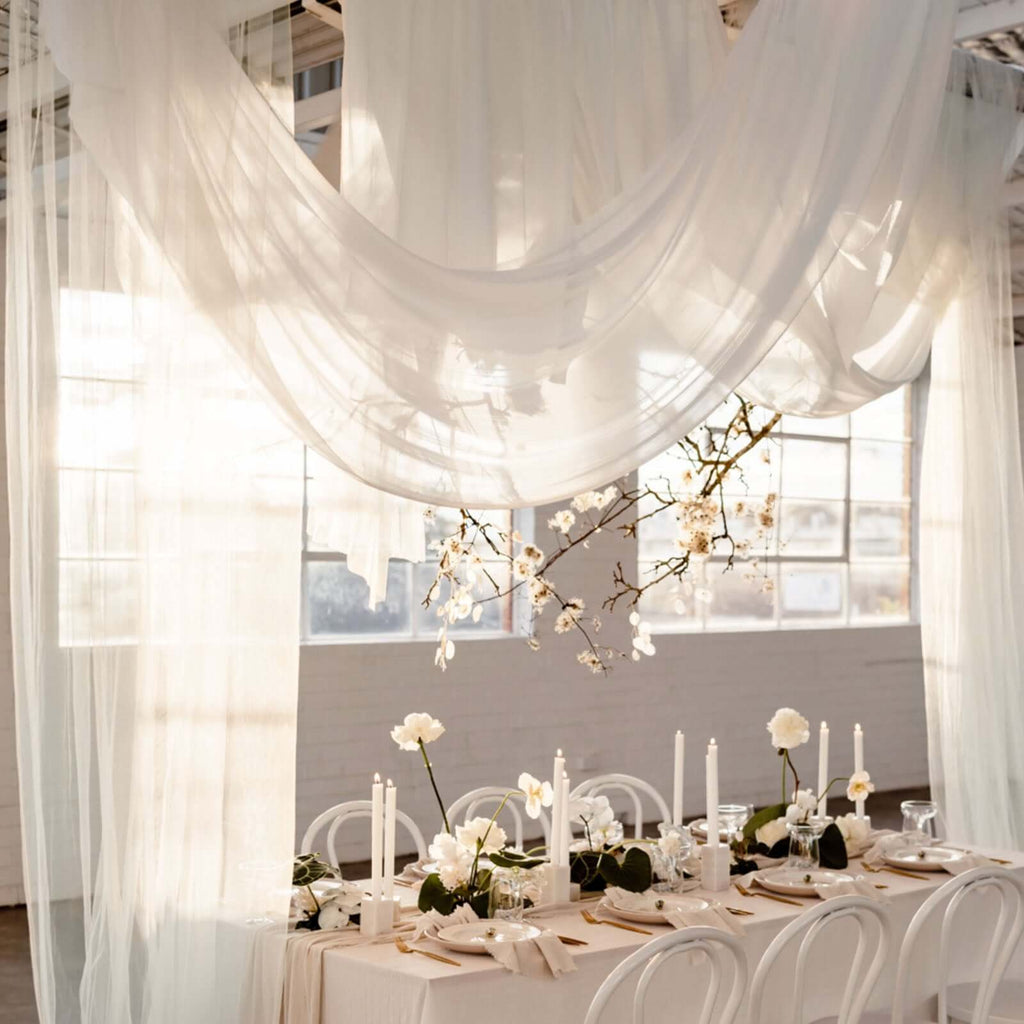 10ftx20ft White Sheer Fire Retardant Curtain | TableclothsFactory
