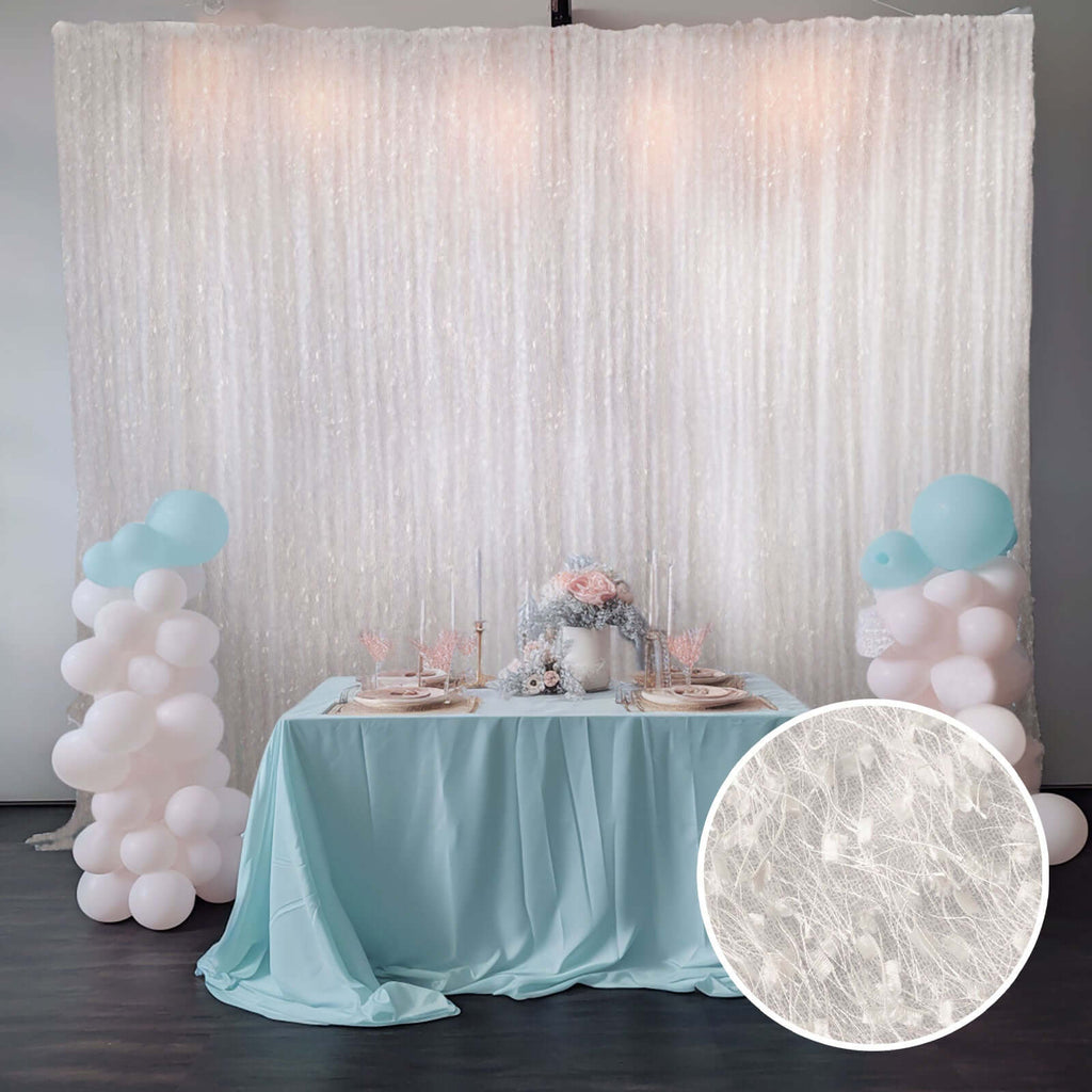 8ft White Fringe Shag Polyester Drapery Panel | TableclothsFactory