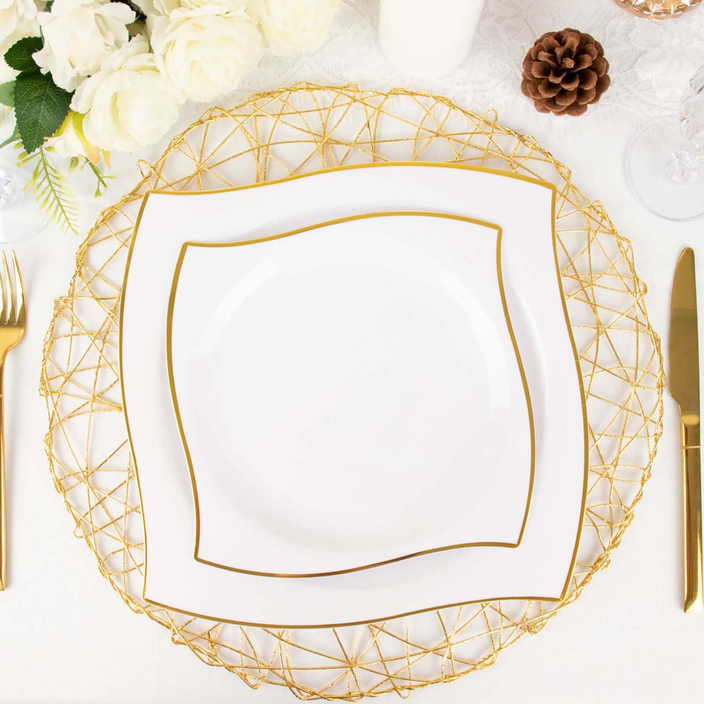 Wavy Plastic 10" Square Dinner Plates White/Gold | TableclothsFactory