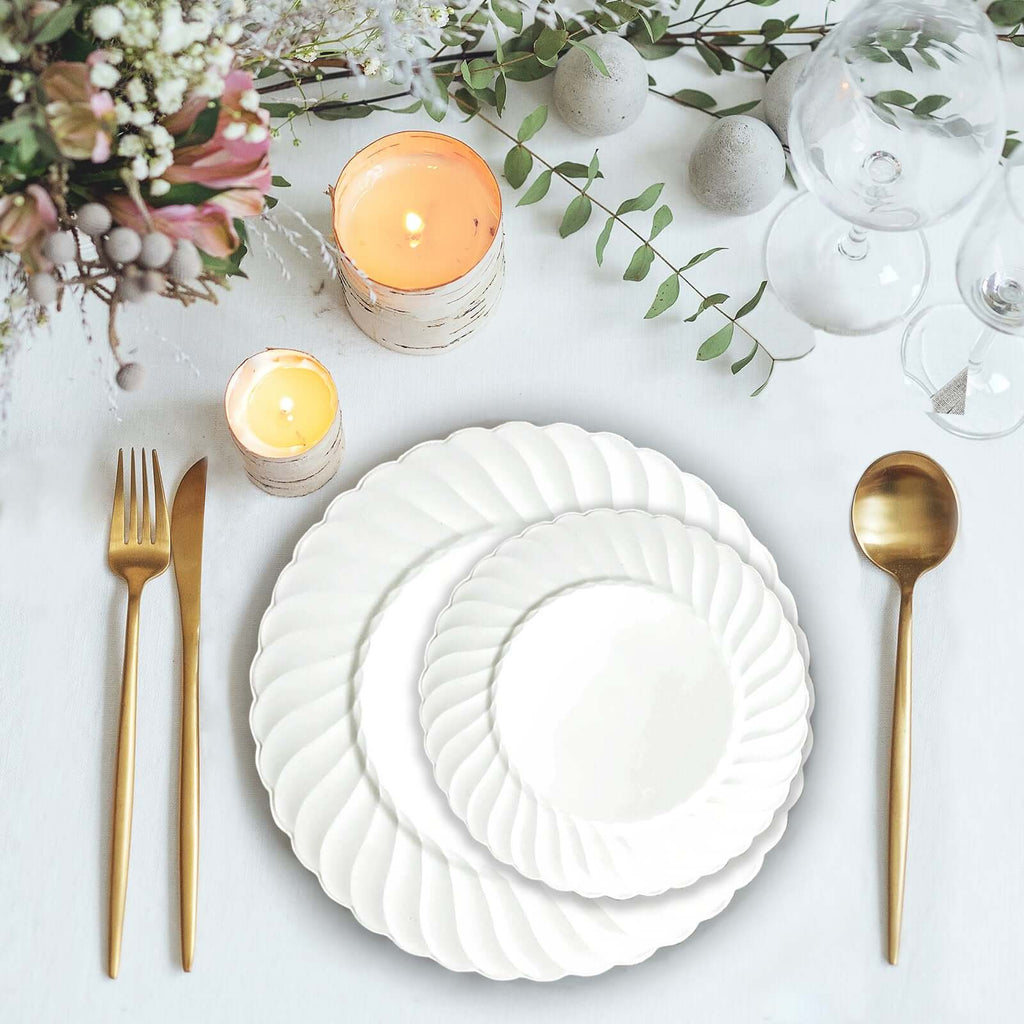 Plastic Swirl Rim Dessert Plates Glossy White 6" | TableclothsFactory