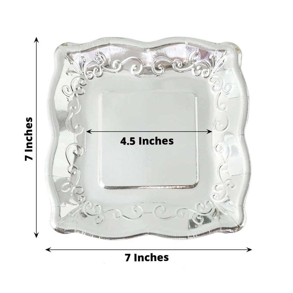 Pottery Embossed Paper Square Dessert Plates 7" Silver | TableclothsFactory