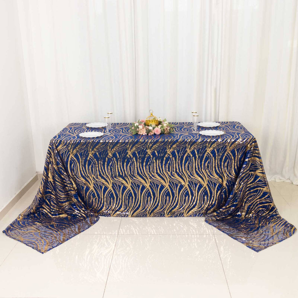 Sequins Tablecloth 90"x156" Royal Blue Gold | TableclothsFactory