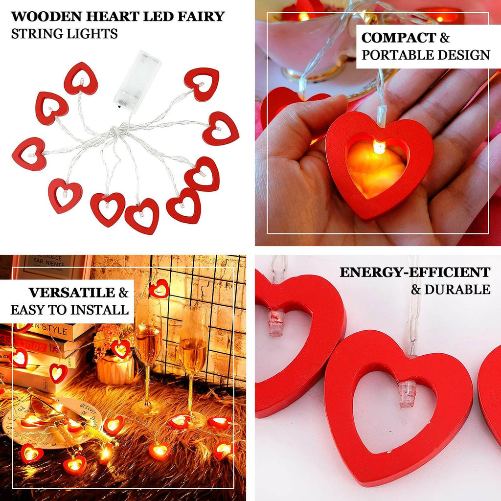 Red Wooden Heart String Lights 5ft | TableclothsFactory