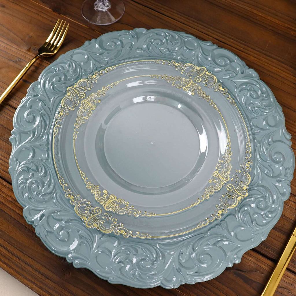 Dusty Blue Vintage Baroque Charger Plates | TableclothsFactory