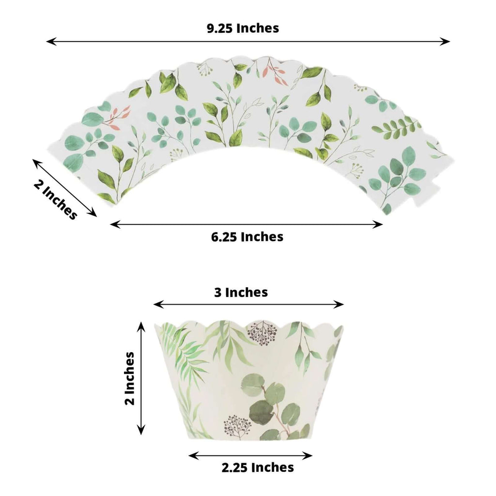 Paper Cupcake Liners White/Green Eucalyptus Leaves | TableclothsFactory