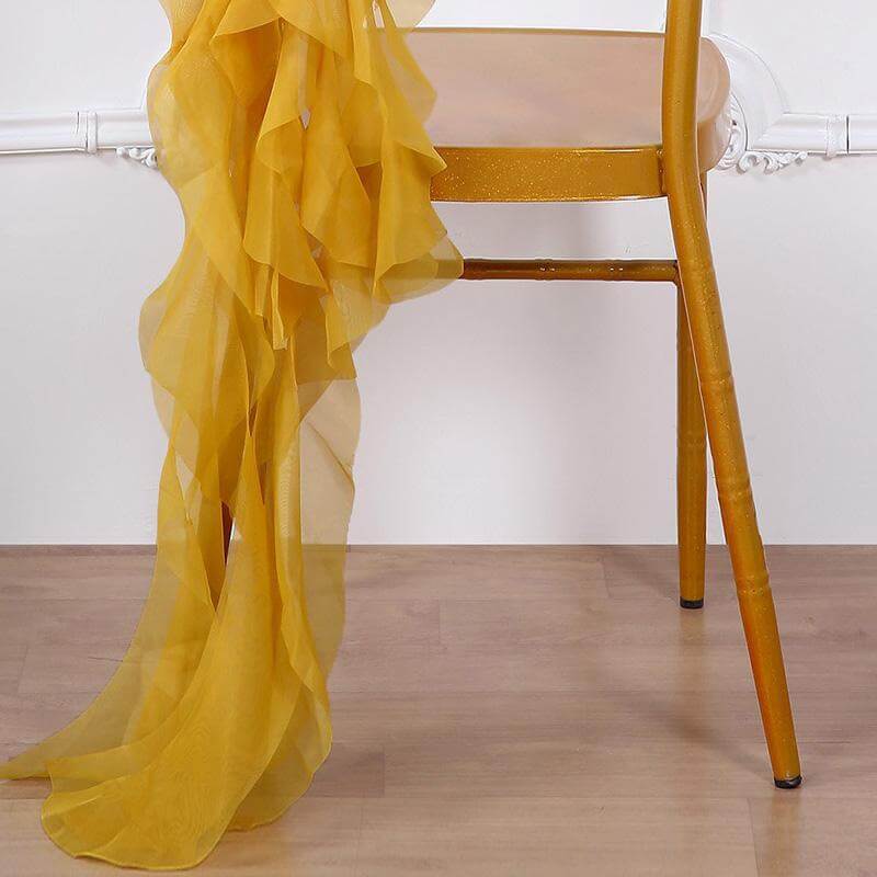 Ruffled Chiffon Chair Sashes Gold | TableclothsFactory