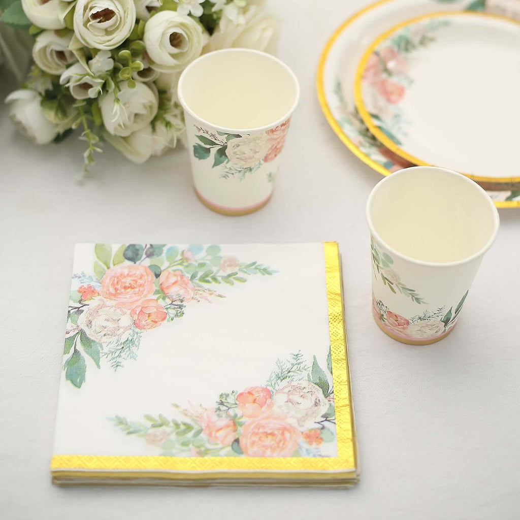 Paper Cocktail Napkins 5"x5" White with Pink Peony Floral Design ...