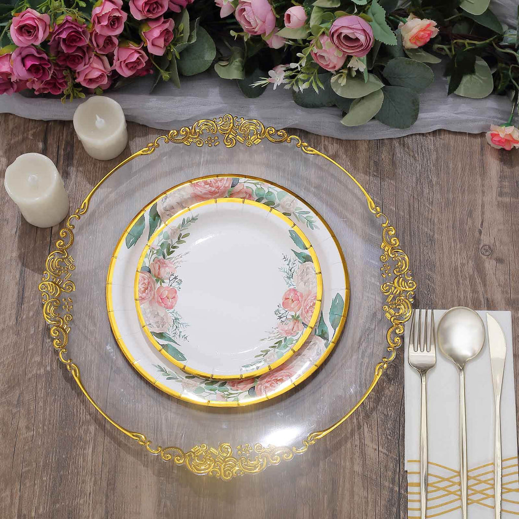 Peony Floral Paper Round Dinner Plates 9" White | TableclothsFactory